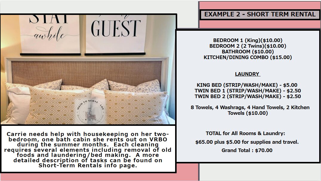Short Term Rental Checklist and Pricing Example - Maid to Serve - LOZ